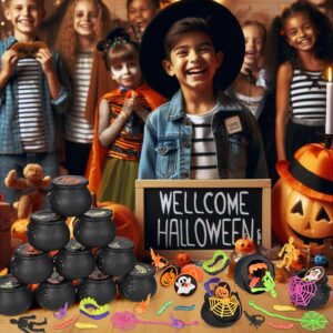 192PCS Halloween Party Favors 24 Packs Refilled Small Plastic Witch Cauldron With Assorted Halloween Toys In Bulk Trick or Treat Miniatures for Classroom Students Exchange Halloween Carnival Prizes