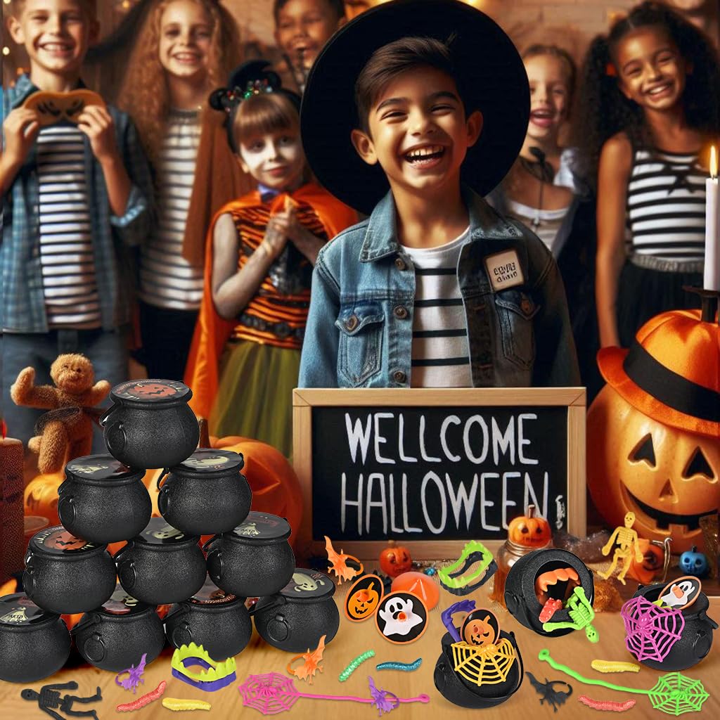 192PCS Halloween Party Favors 24 Packs Refilled Small Plastic Witch Cauldron With Assorted Halloween Toys In Bulk Trick or Treat Miniatures for Classroom Students Exchange Halloween Carnival Prizes