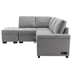 Eafurn Convertible Sleeper Sectional Sofa with Pull Out Bed and Movable Ottoman, L Shaped Reversible Couch with Hidden Arm Storage & USB Charge, 4 Seat Corner Sofa&Couches for Living Room, Gray 87.4"