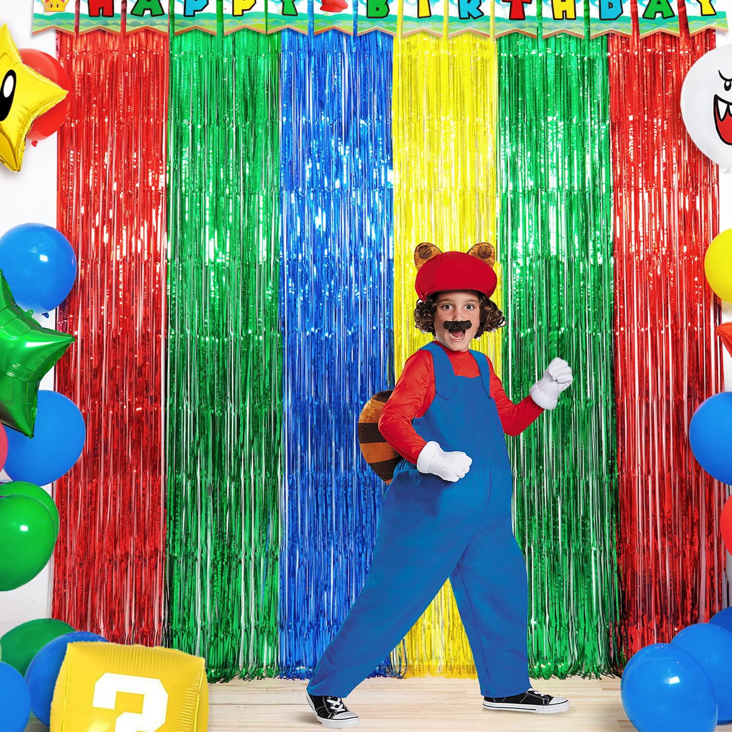 Super Bros Birthday Party Decoration, 2 Pack Red Green Blue Yellow 3.3 x 6.6ft Foil Fringe Curtains Tinsel Photo Booth Props Streamers Backdrop for Video Game Mario Theme Birthday Party Supplies