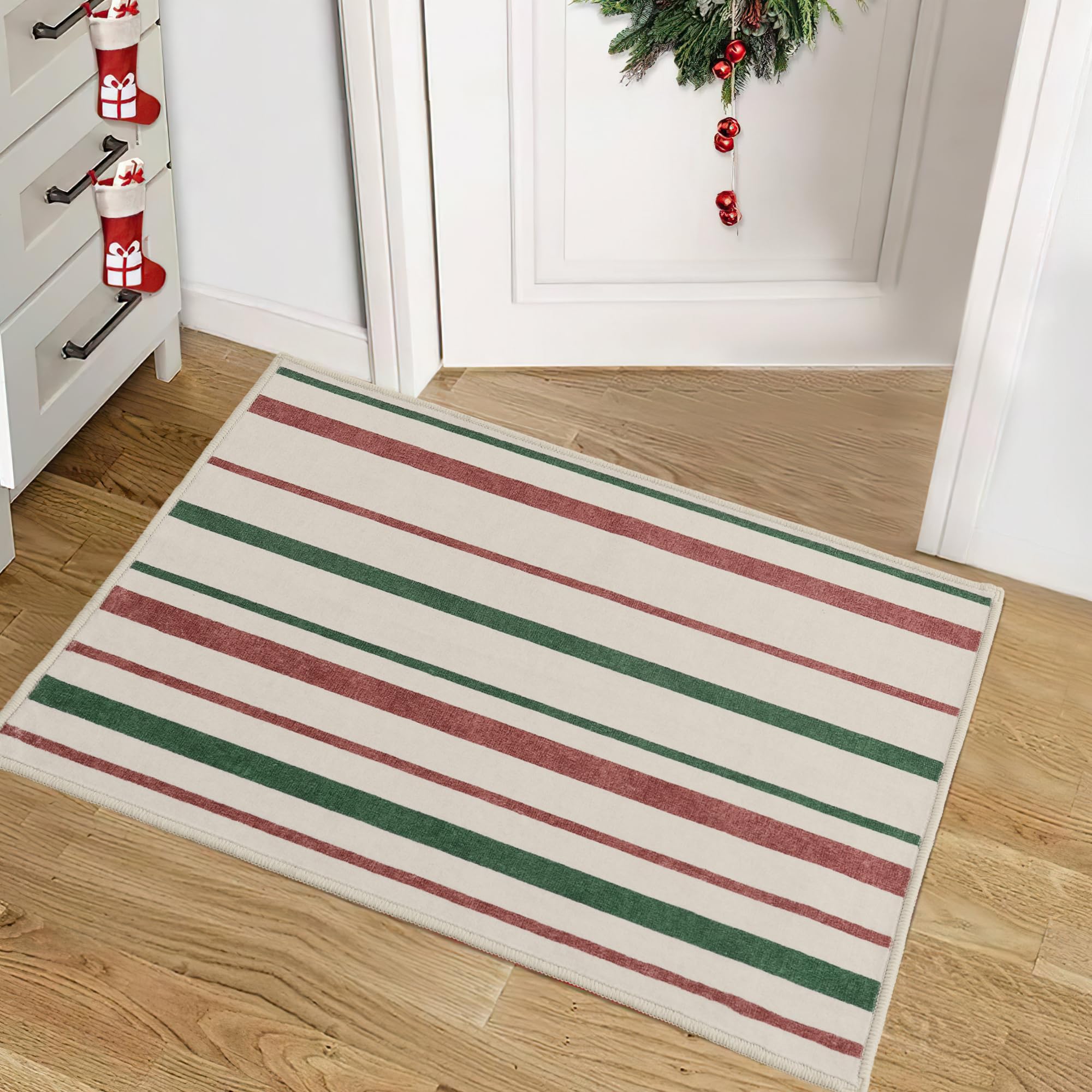 RYB HOME 2x3 Christmas Enterway Rug for Kitchen Bathroom, Small Washable Soft Area Rug for Hallway, None Slip Thin Door Mat with Rubber Backing for Font Door Foyer, 2x3 ft, Green & Red