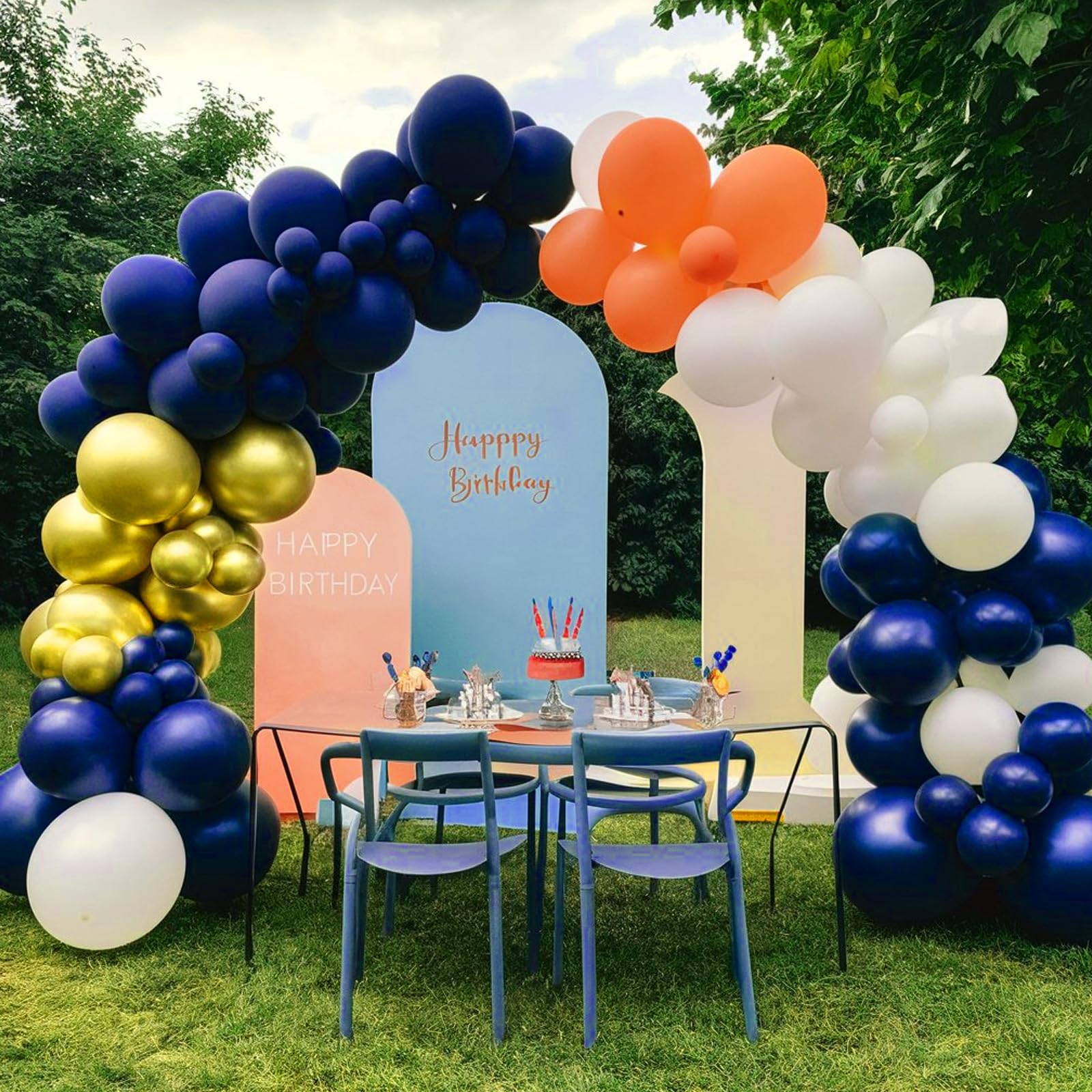 Orange and Blue Balloon Arch Kit, 120 Pcs Navy Royal Dark Blue Gold Orange Balloons Garland Kit with 4D Star Chrome Latex Balloons for Graduation Class of 2024 Thanksgiving Party Decorations