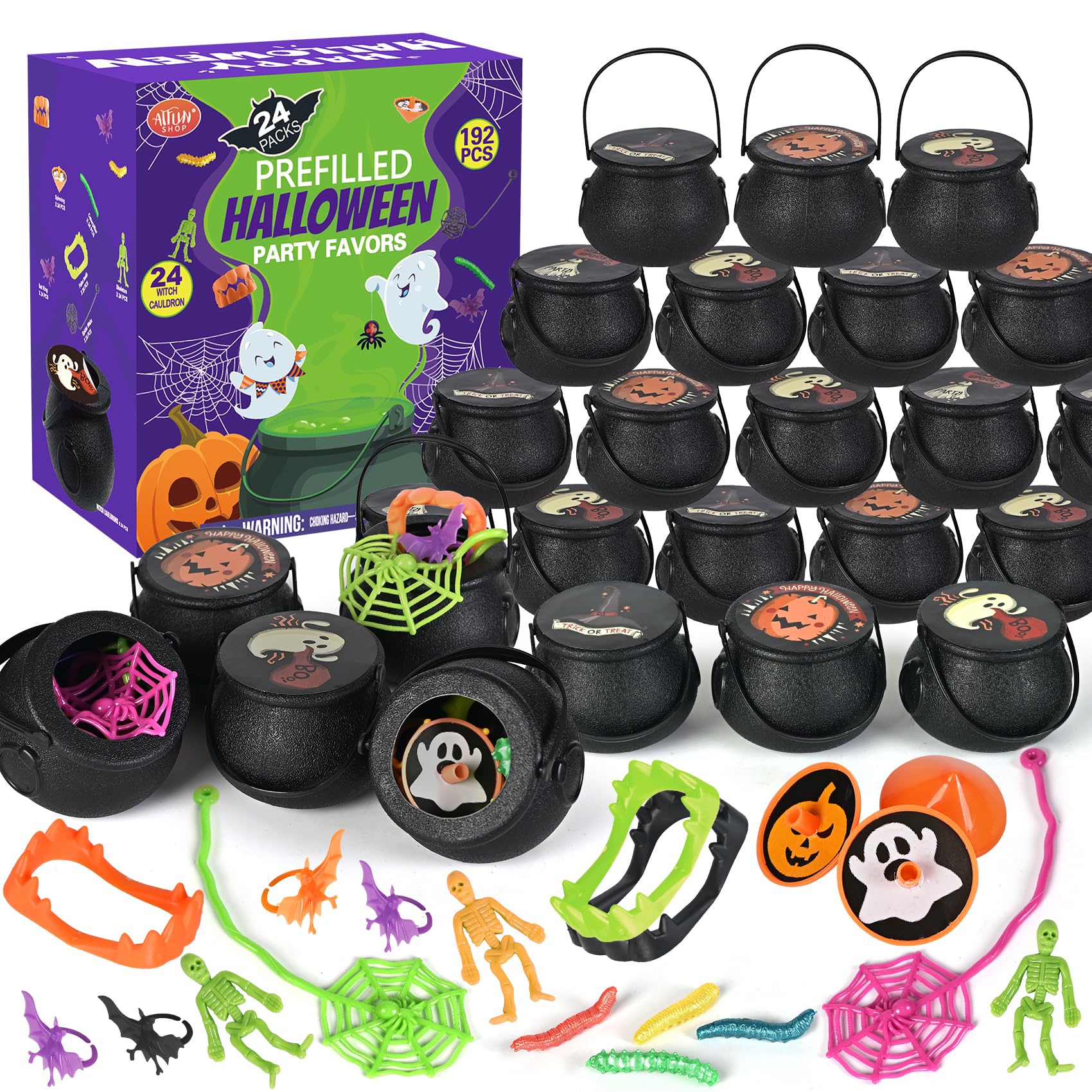 192PCS Halloween Party Favors 24 Packs Refilled Small Plastic Witch Cauldron With Assorted Halloween Toys In Bulk Trick or Treat Miniatures for Classroom Students Exchange Halloween Carnival Prizes