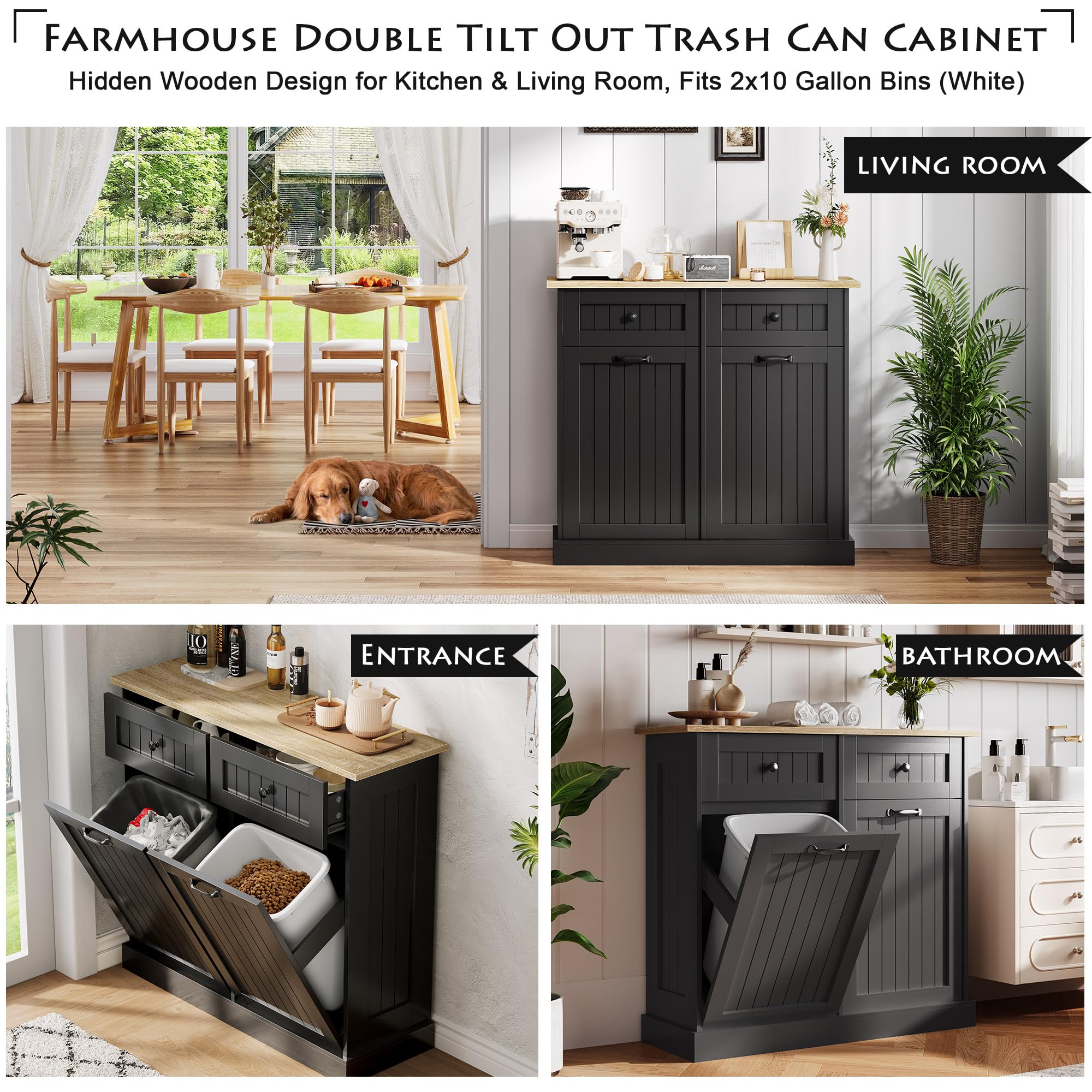 HTK Double Tilt Out Trash Cabinet – Farmhouse Style Hidden Trash Bin with 2 Drawers, Tilt Out Kitchen Trash Can Cabinet for Pantry and Laundry Room, Fits Two 10-Gallon Bins (Black)