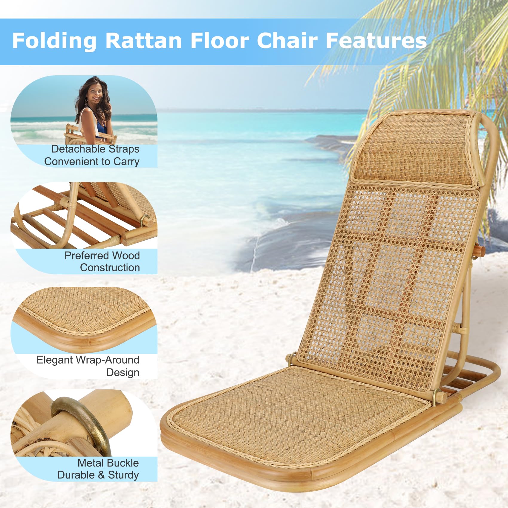 Sienson Beach Chair Folding Portable, 4-Level Adjustable Chaise Lounge, Rattan Beach Chair, Floor Wood Chair,Pool Lounger Recliner, Portable Wicker Beach for Pool Home Yoga Meditate Office Relaxation