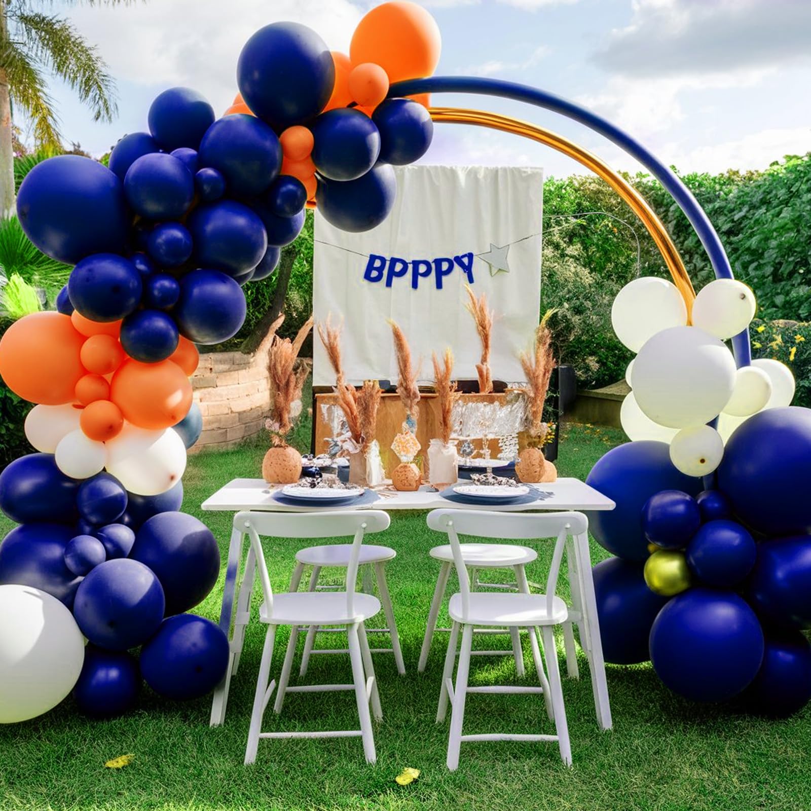 Orange and Blue Balloon Arch Kit, 120 Pcs Navy Royal Dark Blue Gold Orange Balloons Garland Kit with 4D Star Chrome Latex Balloons for Graduation Class of 2024 Thanksgiving Party Decorations