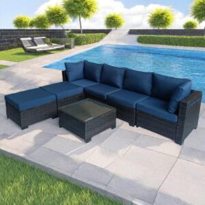 7-Piece Outdoor Furniture Patio Rattan Sectional Set with Wicker Conversation Sofas,Include Cushions, Coffee Table,Easy to Assemble,Perfect for Backyard, Porch, Garden, and Balcony (Brown-Dark Blue)