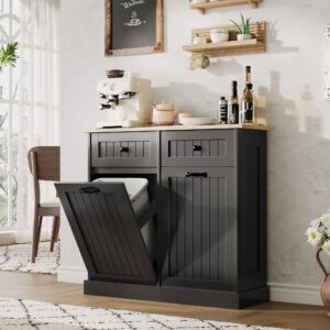 htk double tilt out trash cabinet – farmhouse style hidden trash bin with 2 drawers, tilt out kitchen trash can cabinet for pantry and laundry room, fits two 10-gallon bins (black)