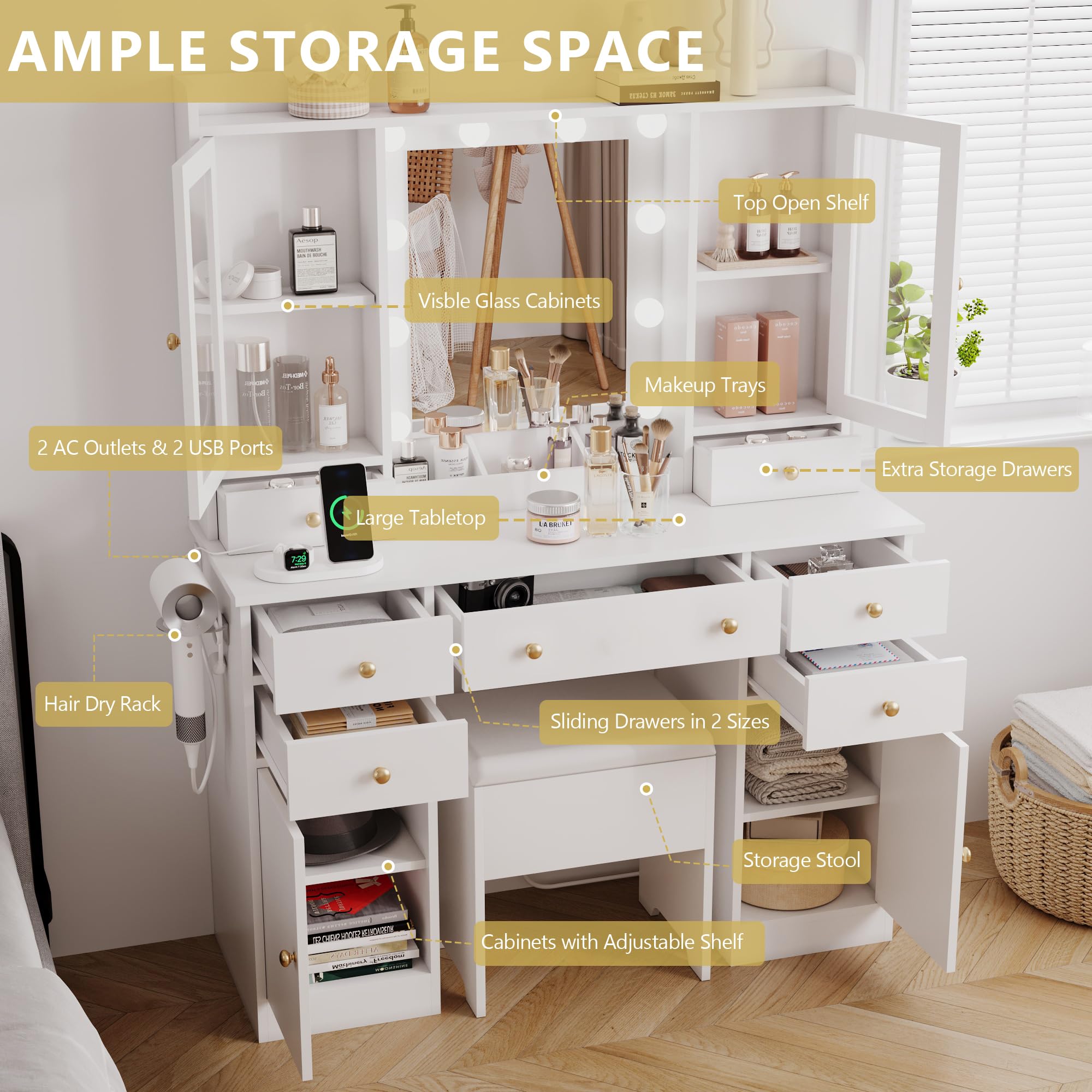 Makeup Vanity Desk with Mirror and Lights, White Vanity Table Set with Storage Drawers, Charging Station, Cabinets & Chair, Large Dressing Table with RGB Ambient Light for Women Girls Bedroom Bathroom