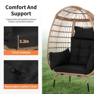 PIKAQTOP Egg Chair, Oversized Indoor Outdoor Lounger Chair for Patio, Backyard, Living Room w/ 4 Cushions and Stand, Steel Frame, 350lb Capacity, Black