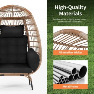 PIKAQTOP Egg Chair, Oversized Indoor Outdoor Lounger Chair for Patio, Backyard, Living Room w/ 4 Cushions and Stand, Steel Frame, 350lb Capacity, Black