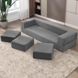 muzz folding sofa bed with 3 ottomans, 80''w velvet upholstered sofa couch, multifunctional sleeper floor bed for bedroom/living room/apartment (light grey)