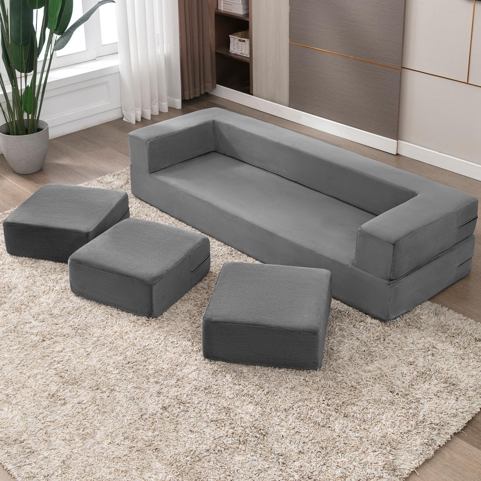 MUZZ Folding Sofa Bed with 3 Ottomans, 80''W Velvet Upholstered Sofa Couch, Multifunctional Sleeper Floor Bed for Bedroom/Living Room/Apartment (Light Grey)