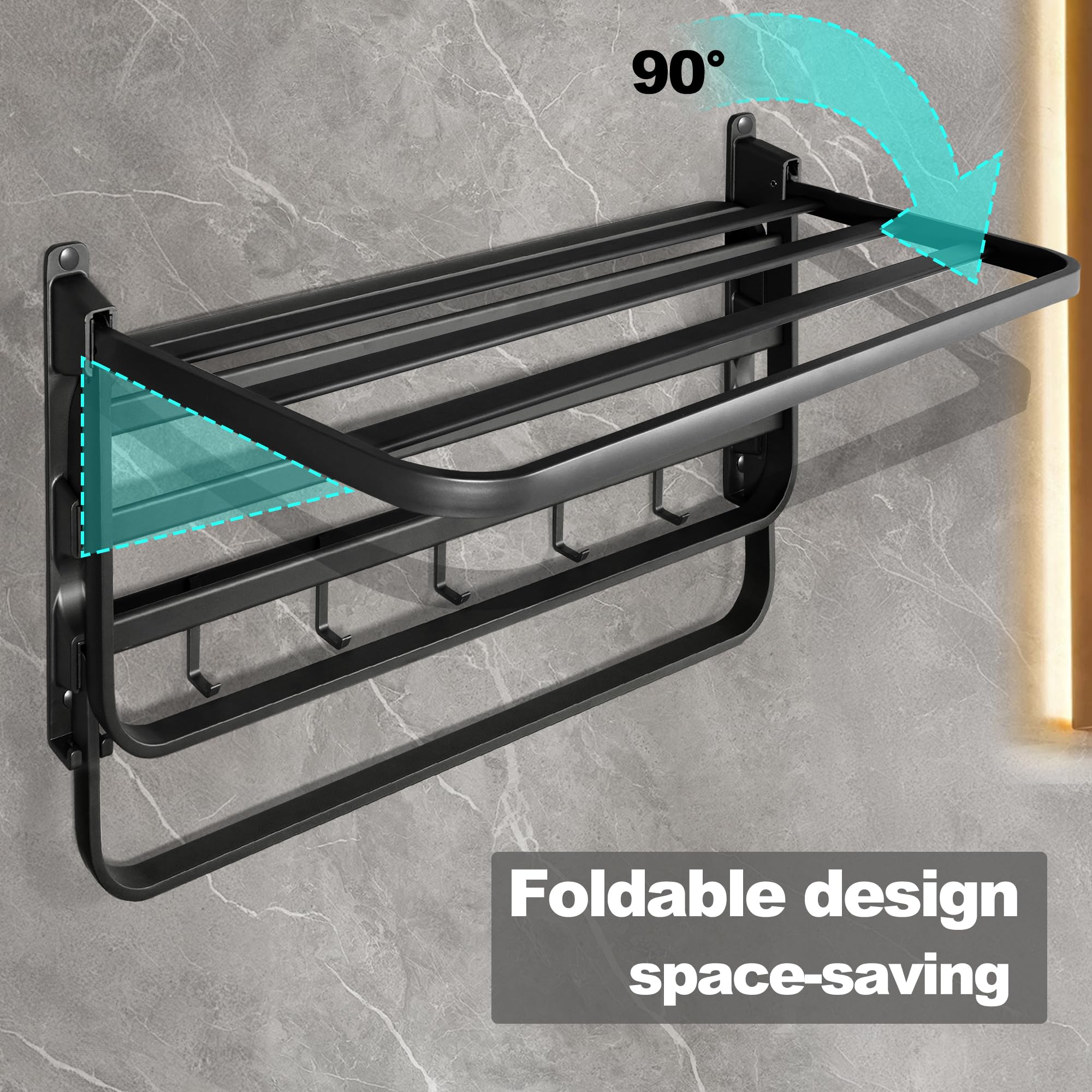 24 Inch Towel Racks for Bathroom Wall Mounted,Foldable Towel Shelf with Towel Bar and Hooks,Space Aluminum Matte Black Towel Rack with Shelf,Rustproof Towel Organizer for Bathroom,Hotel or Balcony