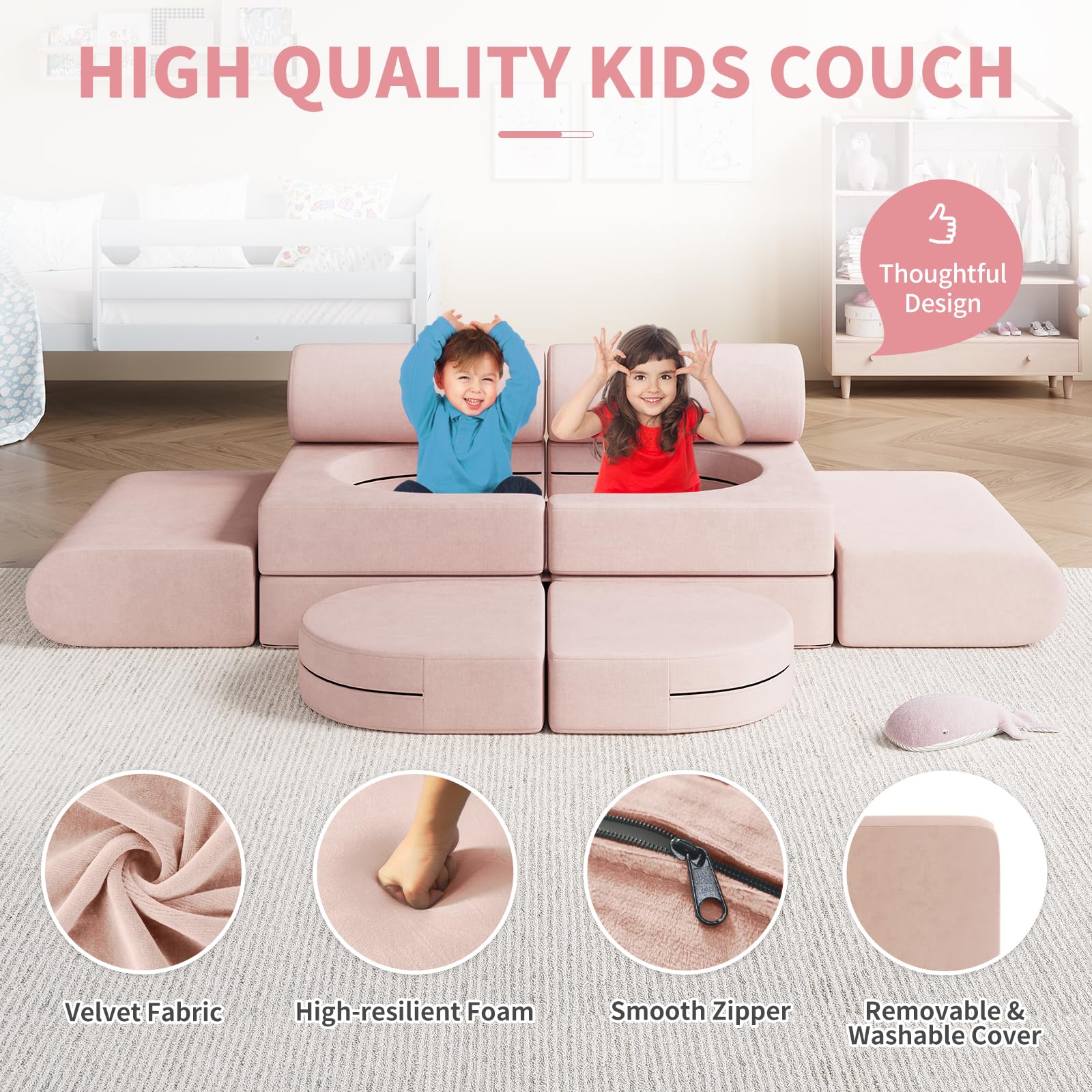 DEYGIA Modular Kids Play Couch, 10PCS Kids Modular Couch with 2 Arches and 2 Round Handrail, Kids Couch for Playroom, Modular Kids Couch for Boys and Girls, Modular Couch Kids (Pink)