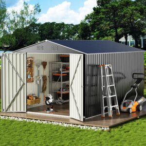 viwat 8' x 12' outdoor steel storage shed with updated frame structure and lockable doors, metal shed upgrade height ideal for garden, backyard, and patio utility and tool storage