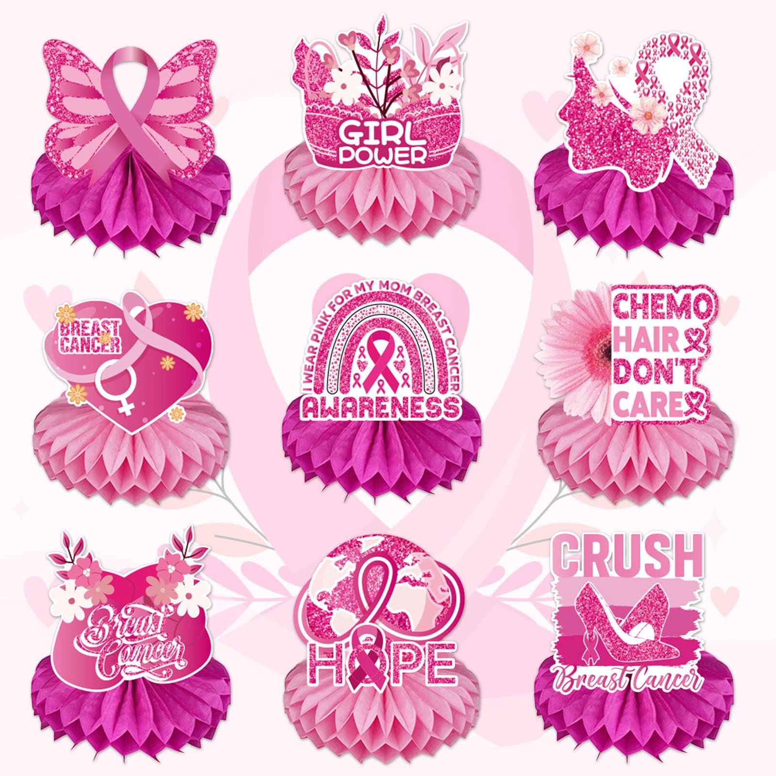 Glodecart 9PCS Breast Cancer Awareness Honeycomb Table Centerpiece for Home, Fight Cancer Theme Pink Ribbon Breast Cancer Table Topper Centerpiece Decorations for Table Decor Charity Party Supplies