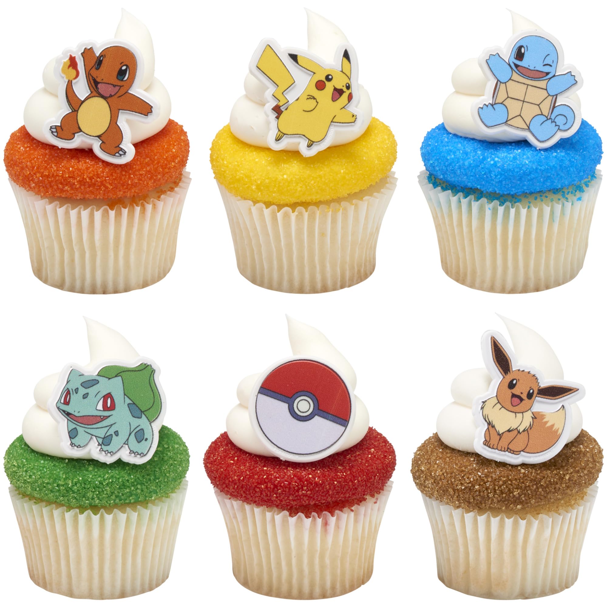 DecoPac Pokémon Rings, Cupcake Decorations With Pikachu, Bulbasaur, Eevee, Charmander, Squirtle, and Poké Ball, Multicolored Food Safe Cake Toppers – 24 Pack