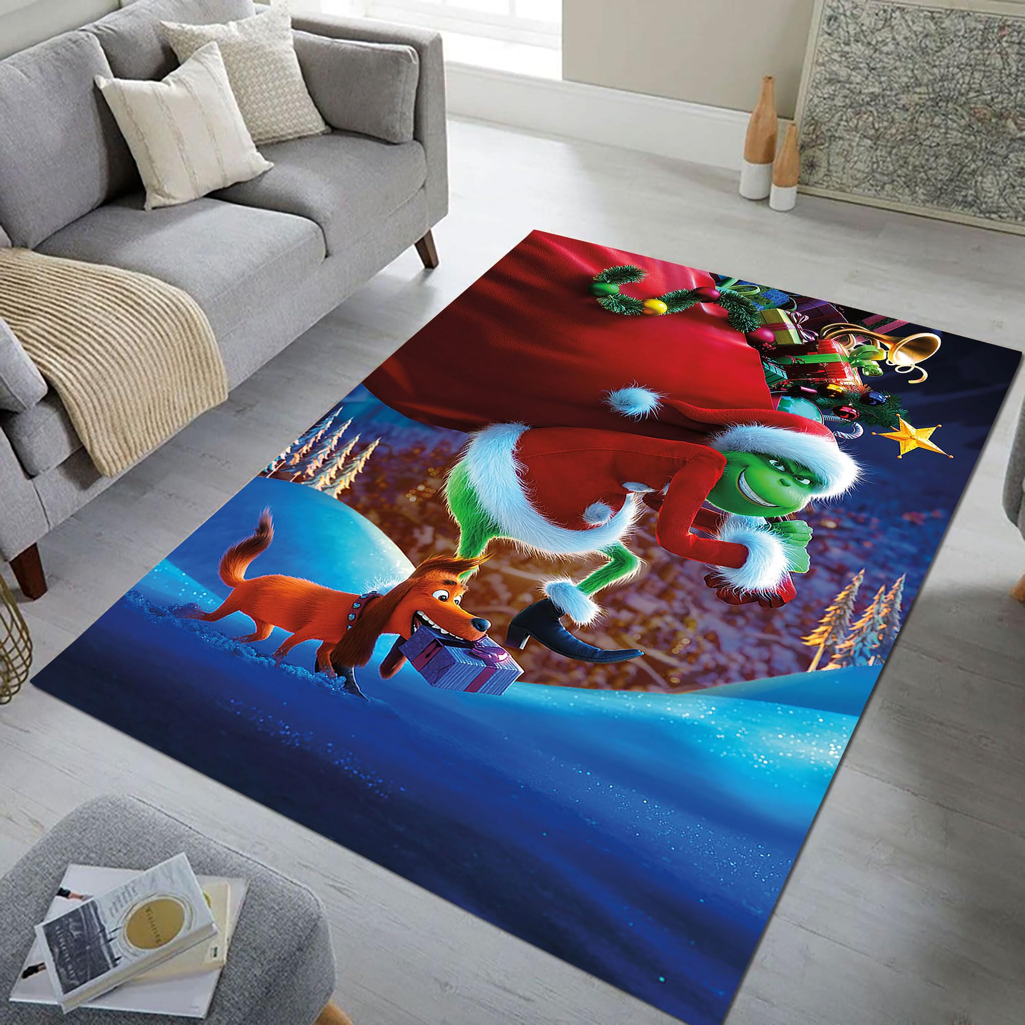 SHOUSE Grinch Christmas Decorations Area Rug, Merry Christmas Rugs for Living Room, Nursery Rug, Winter Holiday Party 8x10 Area Rugs Washable Rug, Festive Bedroom Rug and Room Decor 4 (84*60 inches)