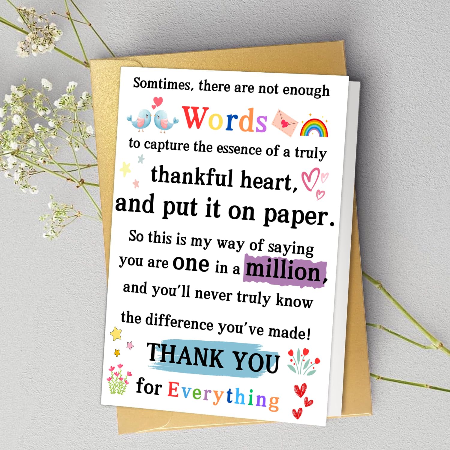 CUNCUN Lovely Thank You Card for Friend, Poem Thank You Card for Teacher, Appreciation Card for Boss Coworker, Sweet Friendship Card for Him Her, One in A Million