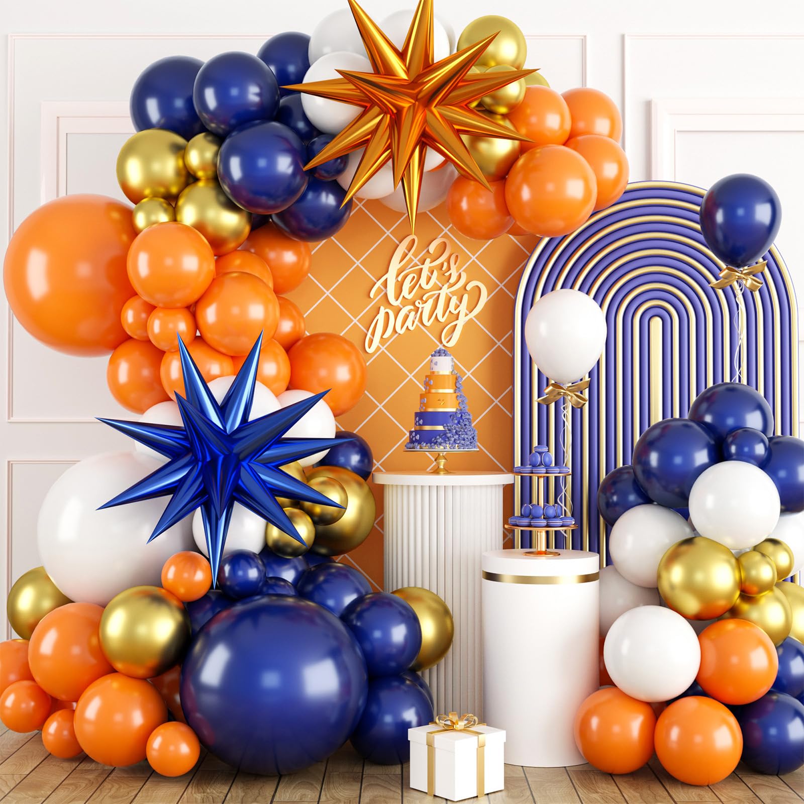 Orange and Blue Balloon Arch Kit, 120 Pcs Navy Royal Dark Blue Gold Orange Balloons Garland Kit with 4D Star Chrome Latex Balloons for Graduation Class of 2024 Thanksgiving Party Decorations