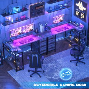 Aheaplus 53 Inch Gaming Desk with Power Outlets & LED Lights, Reversible L Shaped Computer Desk with 3 Drawers & Monitor Stand, Home Office Desk Corner Gamer Desk with Storage Shelves, Black Oak