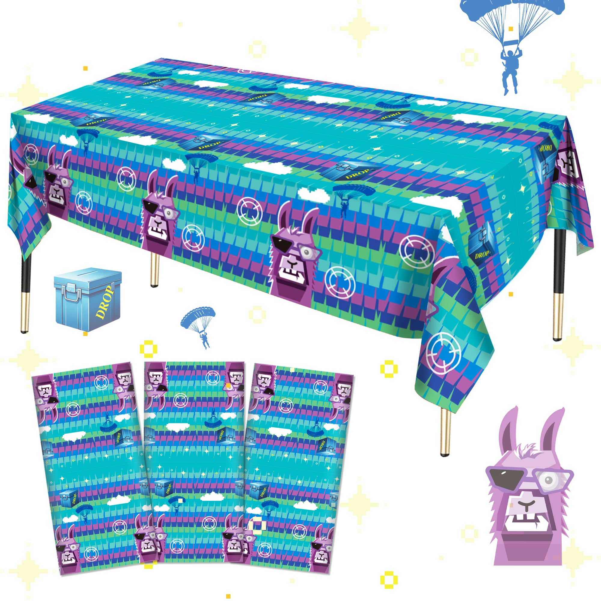 Haxpacal Llama Theme Party Tablecloth 3 PCS, Plastic Disposable Video Games Table Cover for Game Fans Birthday Party Decorations Supplies, 86.6 x 51.2in