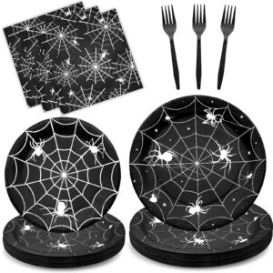 96 pieces halloween spider web tableware party supplies - disposable dinnerware set with paper plates, napkins, and forks for spooky halloween party supplies, birthday decorations - serves 24 (black)