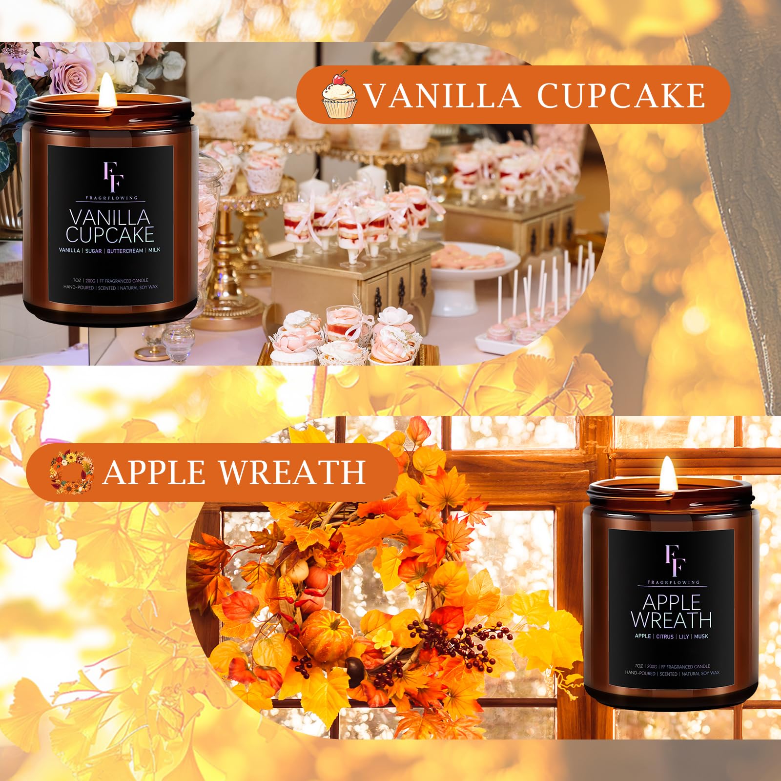 Fall Candles Set, Fall Scented Candles for Home, 4 Pack Natural Soy Autumn Candle, Fall Gifts for Women Men, Fall Fragrance of Pumpkin/Apple Wreath/Hello Fall/Vanilla Cupcake