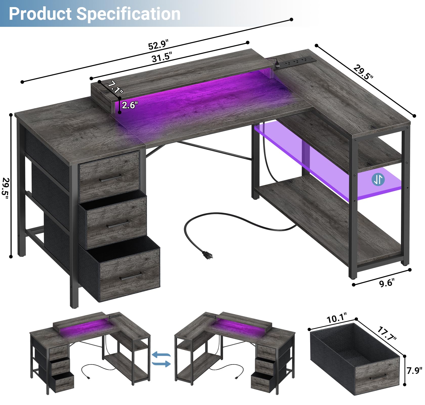 Aheaplus 53 Inch Gaming Desk with Power Outlets & LED Lights, Reversible L Shaped Computer Desk with 3 Drawers & Monitor Stand, Home Office Desk Corner Gamer Desk with Storage Shelves, Black Oak