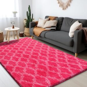 puremy luxury rugs for living room, 3.8x6 fluffy area rug ultra soft indoor carpet for bedroom, kids room, playroom, home decor, geometric, hot pink/white