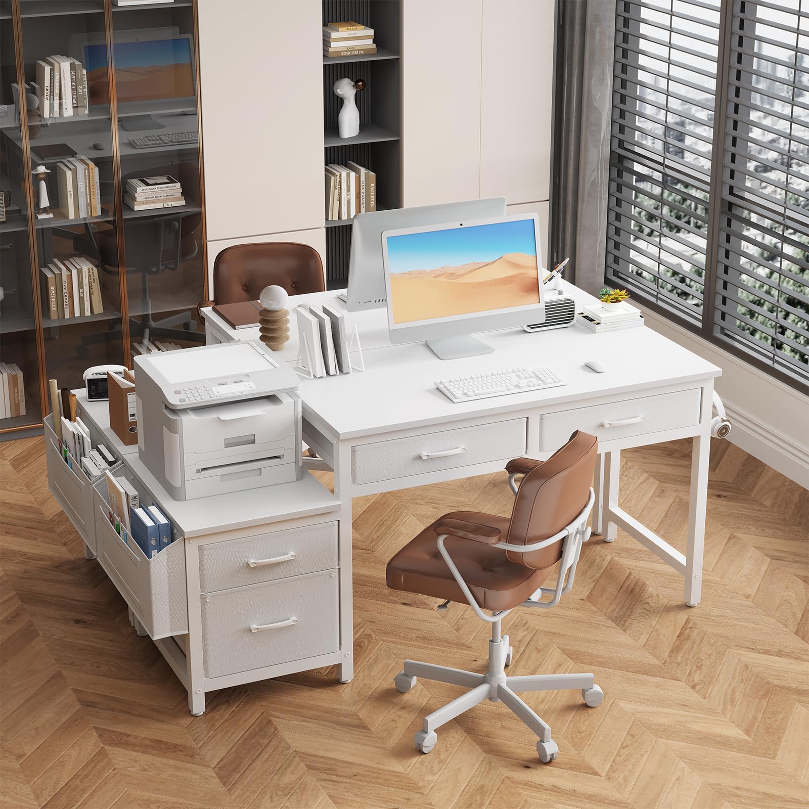 Lufeiya White Computer Desk with Fabric File Drawers Cabinet, 57 Inch Home Office Desks with Reversible Filing Cabinet Printer Stand for Small Space, Study Writing Table PC Vanity Desks, White