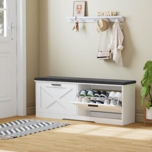 homleke shoe storage bench with 2 flip drawers, entryway bench with padded seat cushion, shoe cabinet with 2 barn doors, 11.8" d x 47.2" w x 18.4" h, for entryway, living room, bedroom, white