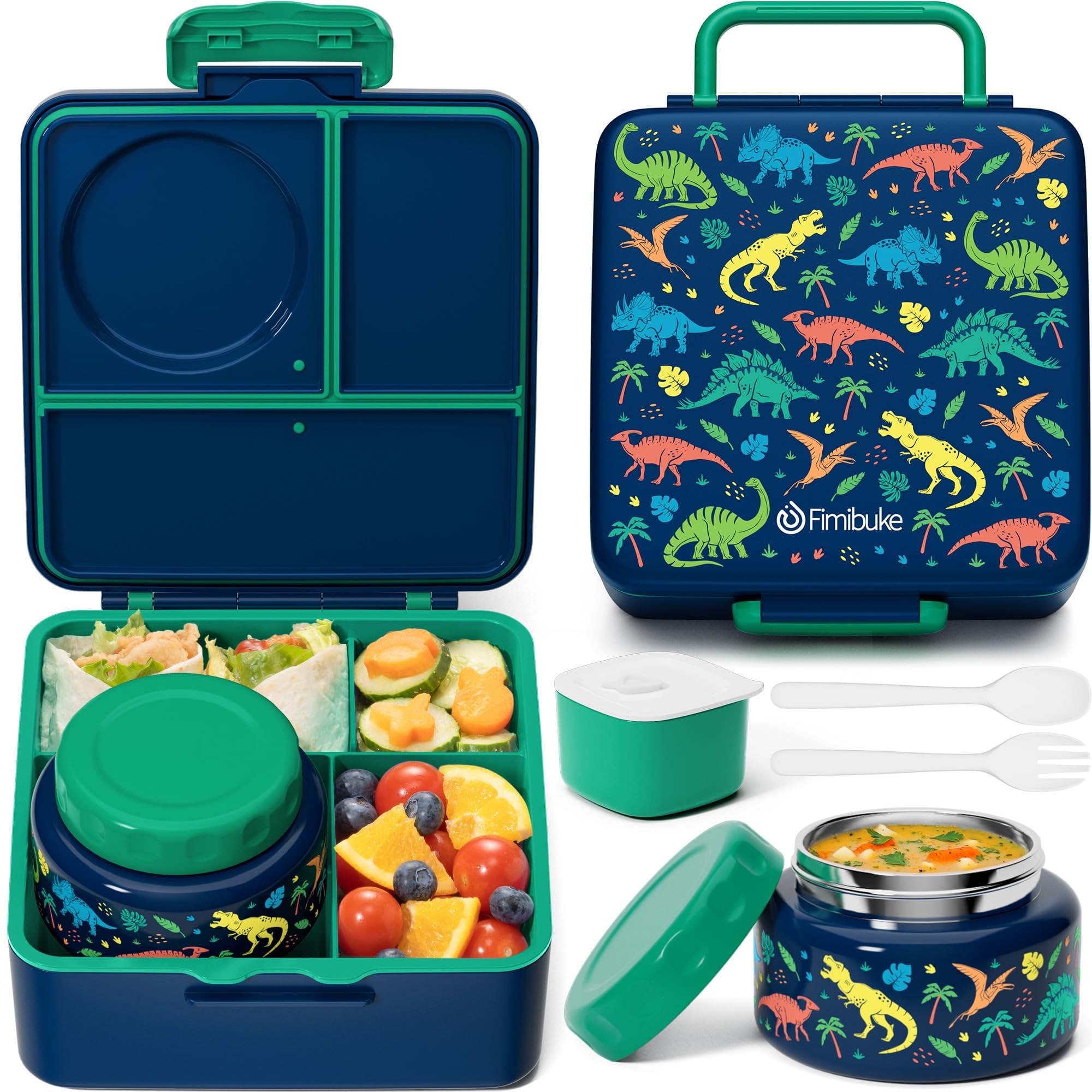 Fimibuke Bento Box for Kids Adult, BPA Free & Leakproof Toddler Lunch Box with 8.5oz Insulated Thermos Food Jar, Utensils & Sauce Jar, Dishwasher Safe 3 or 4 Compartment Container for School Girl Boy