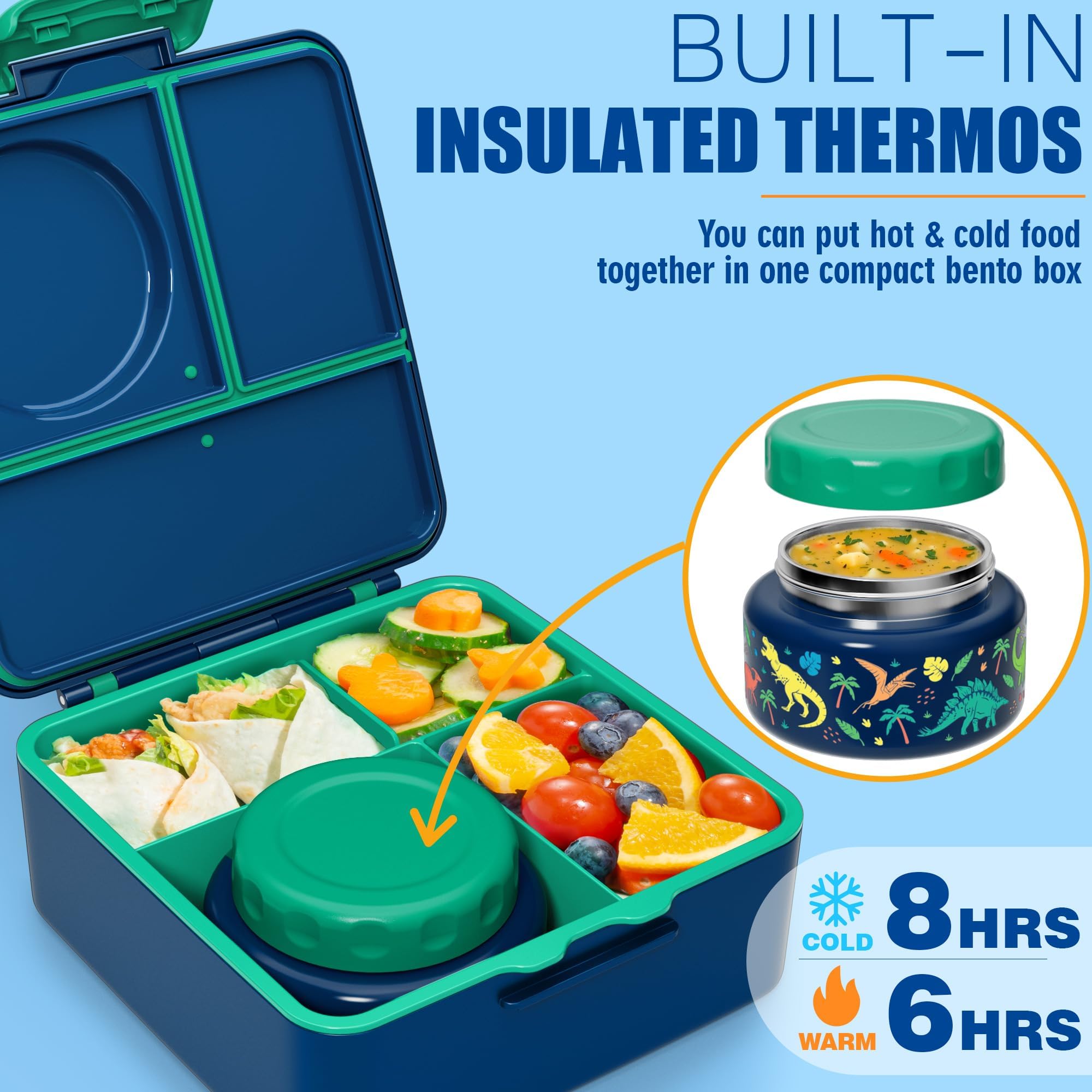 Fimibuke Bento Box for Kids Adult, BPA Free & Leakproof Toddler Lunch Box with 8.5oz Insulated Thermos Food Jar, Utensils & Sauce Jar, Dishwasher Safe 3 or 4 Compartment Container for School Girl Boy