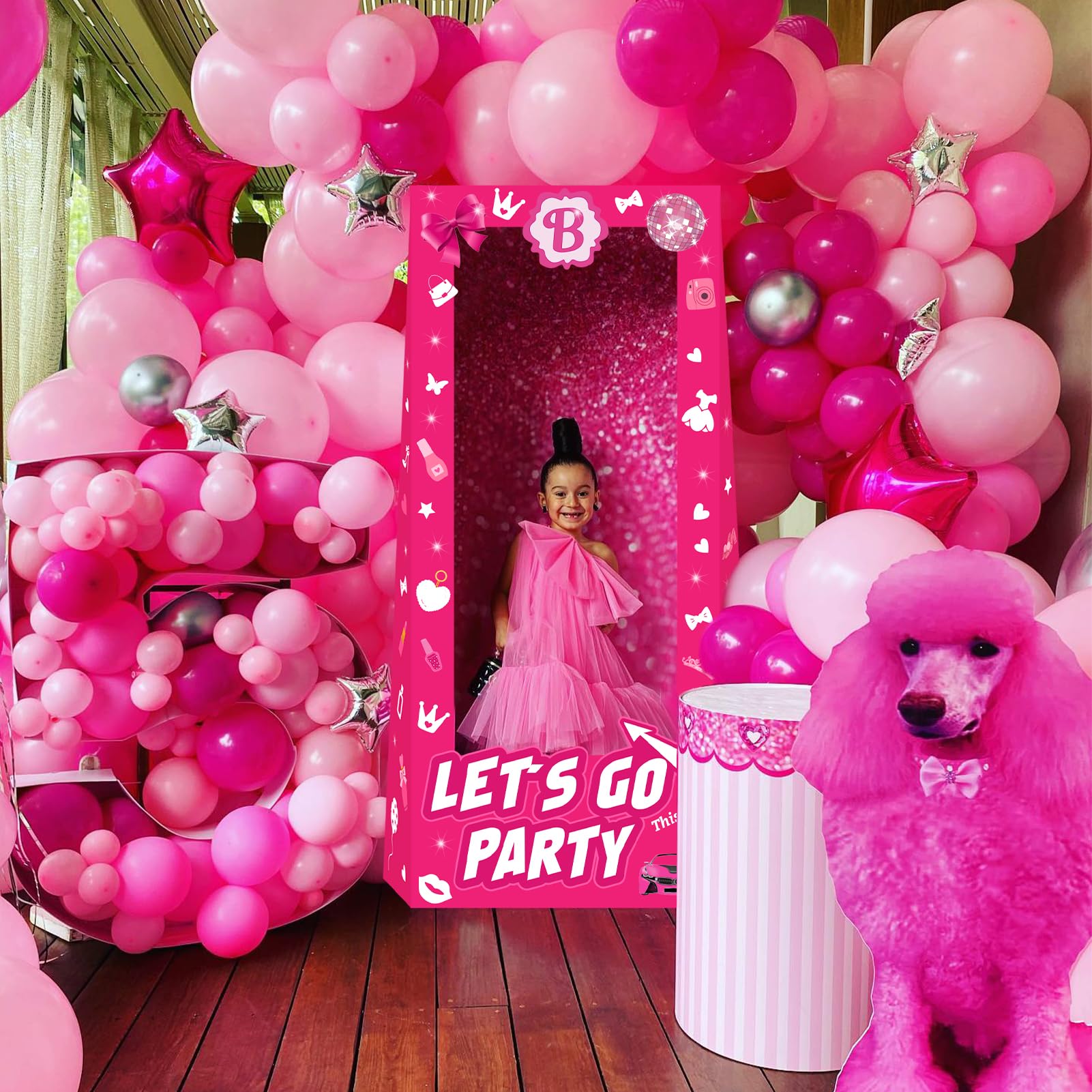 Hot Pink 4.5ft Tall Life Size Stand-in Cardboard Doll Photo Booth Props for Girls Birthday Party Decorations Pink Princess Doll Theme Decor Photoshoot Let's Go Party Supplies(53.9 * 39.3inches)