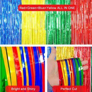 Super Bros Birthday Party Decoration, 2 Pack Red Green Blue Yellow 3.3 x 6.6ft Foil Fringe Curtains Tinsel Photo Booth Props Streamers Backdrop for Video Game Mario Theme Birthday Party Supplies