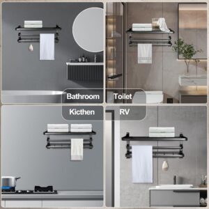 24 Inch Towel Racks for Bathroom Wall Mounted,Foldable Towel Shelf with Towel Bar and Hooks,Space Aluminum Matte Black Towel Rack with Shelf,Rustproof Towel Organizer for Bathroom,Hotel or Balcony