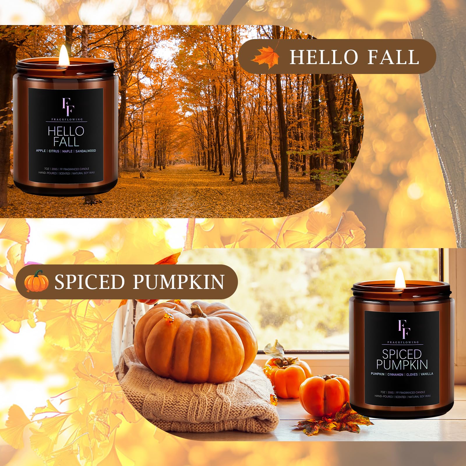 Fall Candles Set, Fall Scented Candles for Home, 4 Pack Natural Soy Autumn Candle, Fall Gifts for Women Men, Fall Fragrance of Pumpkin/Apple Wreath/Hello Fall/Vanilla Cupcake