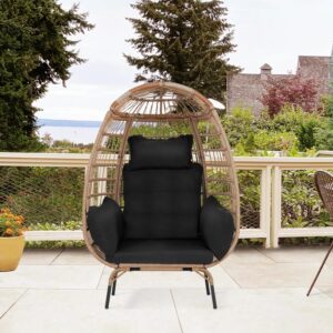 PIKAQTOP Egg Chair, Oversized Indoor Outdoor Lounger Chair for Patio, Backyard, Living Room w/ 4 Cushions and Stand, Steel Frame, 350lb Capacity, Black