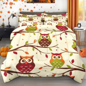 pamnest comforter set queen size, autumn cute owls soft 3 pcs bedding set for kids and adults, ivory fall thanksgiving comforter set with 2 pillowcases, for bedroom bed decor