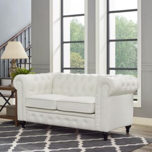 naomi home emery chesterfield leather loveseat, mini sofa sleeper loveseat, small sofa bed with rolled arms, tufted cushions 2 seater sectional small loveseat for small spaces, living room white