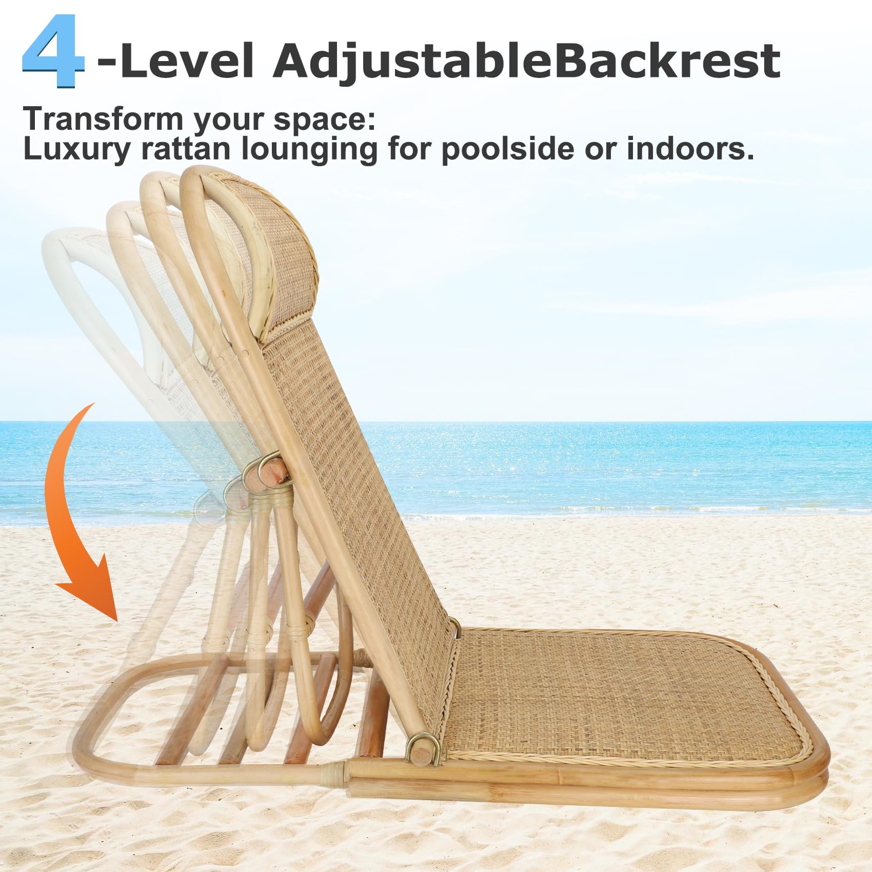 Sienson Beach Chair Folding Portable, 4-Level Adjustable Chaise Lounge, Rattan Beach Chair, Floor Wood Chair,Pool Lounger Recliner, Portable Wicker Beach for Pool Home Yoga Meditate Office Relaxation