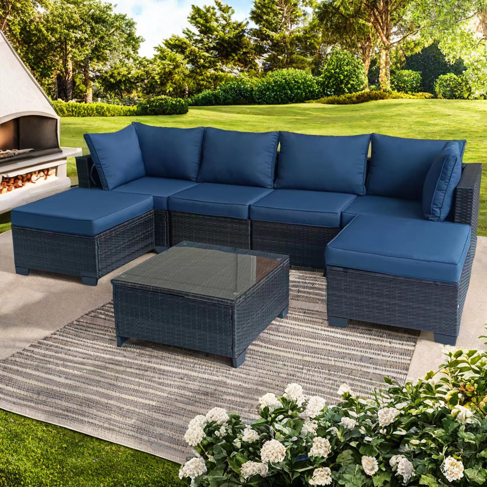 7-Piece Outdoor Furniture Patio Rattan Sectional Set with Wicker Conversation Sofas,Include Cushions, Coffee Table,Easy to Assemble,Perfect for Backyard, Porch, Garden, and Balcony (Brown-Dark Blue)