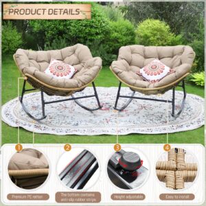 BULEXYARD Outdoor Papasan Rocking Chair with Padded Cushion, Oversized PE Rattan Comfy Royal Rocking Chair Indoor, Modern Comfy Patio Egg Mamasan Rocker Lounge Chair (2 Pcs, Brown)