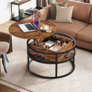 yitahome round coffee tables for living room, lift top coffee table with storage, farmhouse coffee table, wood coffee table with hidden storage compartment, center table for living room, rustic brown