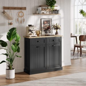 HTK Double Tilt Out Trash Cabinet – Farmhouse Style Hidden Trash Bin with 2 Drawers, Tilt Out Kitchen Trash Can Cabinet for Pantry and Laundry Room, Fits Two 10-Gallon Bins (Black)