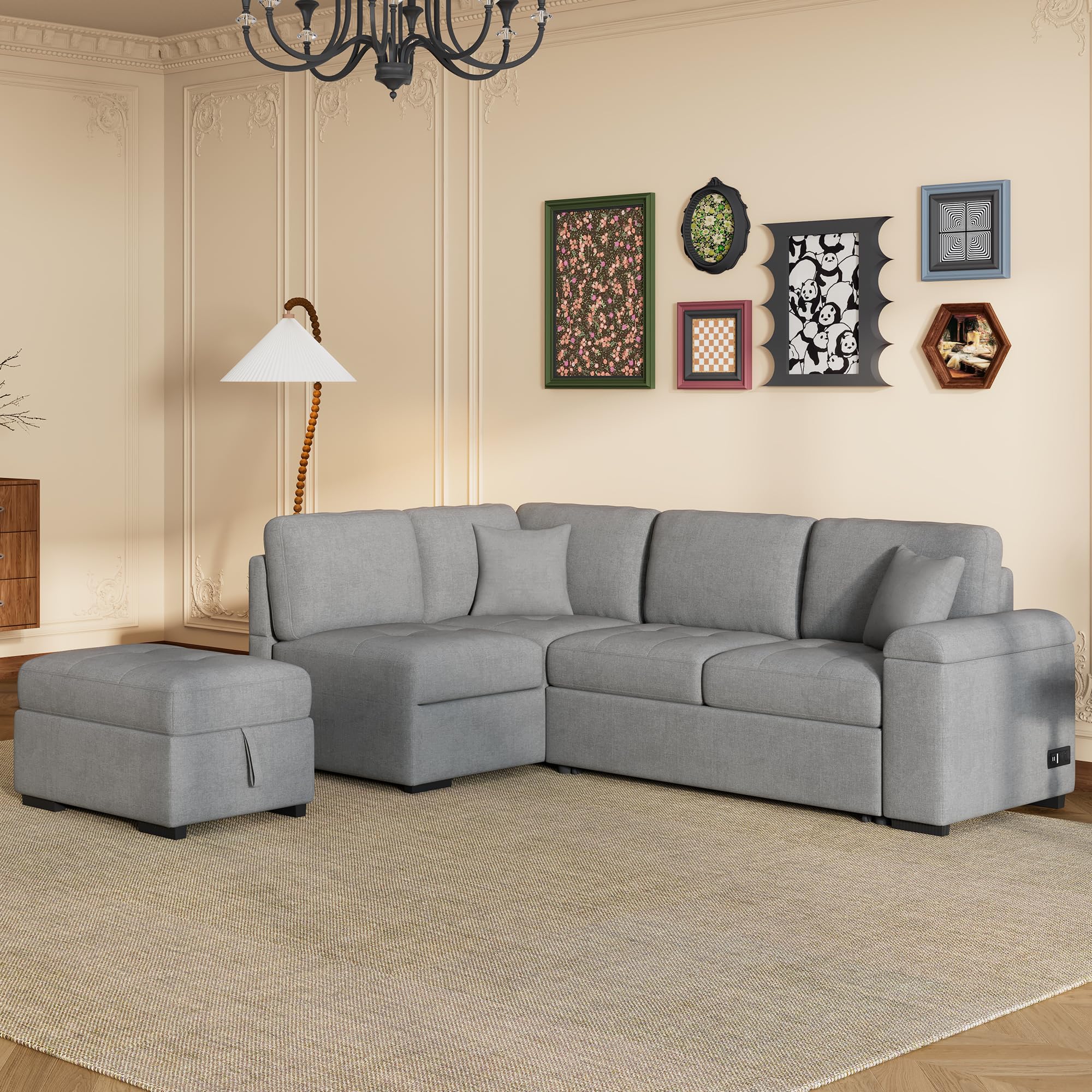 Eafurn Convertible Sleeper Sectional Sofa with Pull Out Bed and Movable Ottoman, L Shaped Reversible Couch with Hidden Arm Storage & USB Charge, 4 Seat Corner Sofa&Couches for Living Room, Gray 87.4"