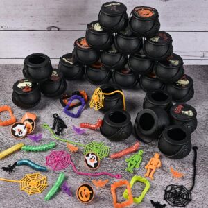 192PCS Halloween Party Favors 24 Packs Refilled Small Plastic Witch Cauldron With Assorted Halloween Toys In Bulk Trick or Treat Miniatures for Classroom Students Exchange Halloween Carnival Prizes