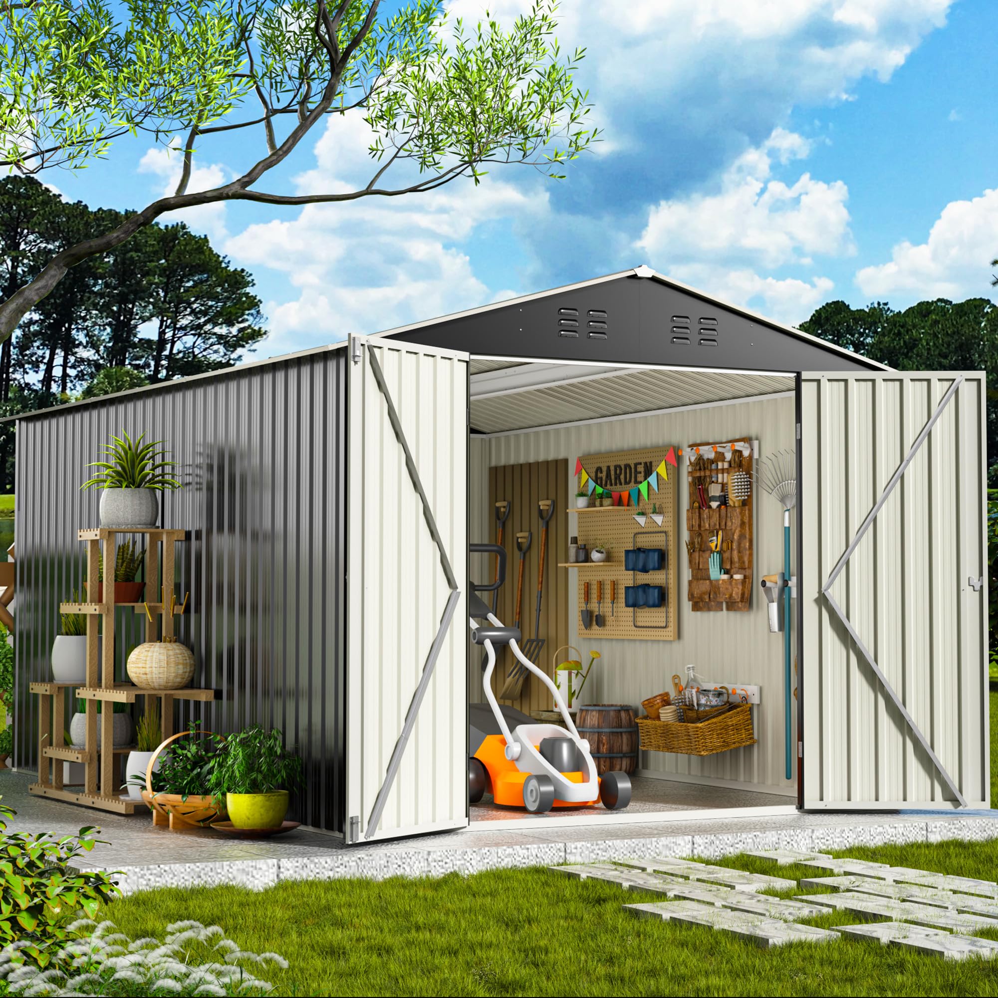 VIWAT 8' x 12' Outdoor Steel Storage Shed with Updated Frame Structure and Lockable Doors, Metal Shed Upgrade Height Ideal for Garden, Backyard, and Patio Utility and Tool Storage